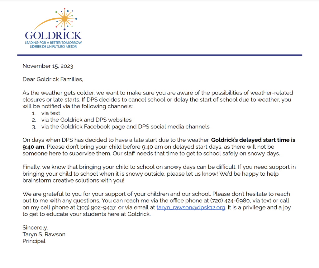 Goldrick Elementary » Goldrick Cold Weather Procedures/Delay