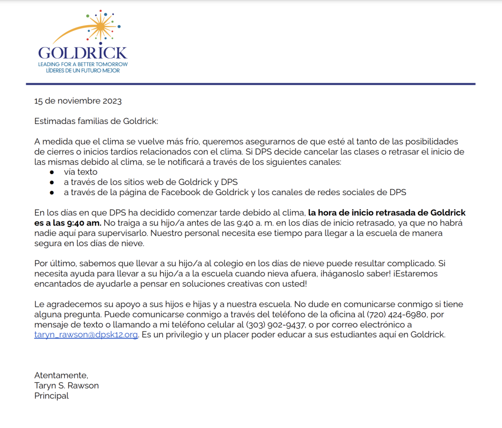Goldrick Elementary » Goldrick Cold Weather Procedures/Delay